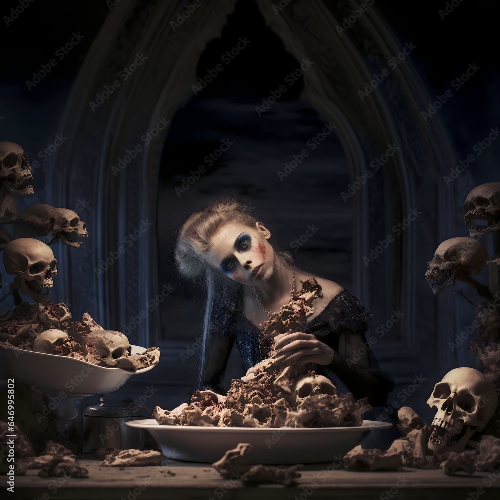 The sin gluttony in the form of a woman, feasting on the souls and ...