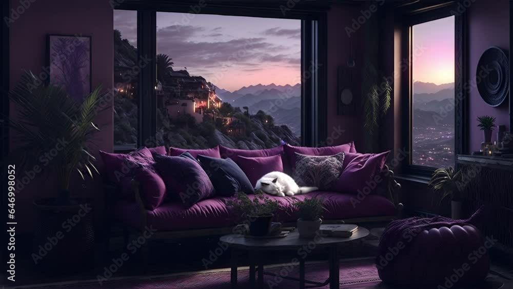 Cat sleeping on sofa in luxury living room. Chill animated virtual ...