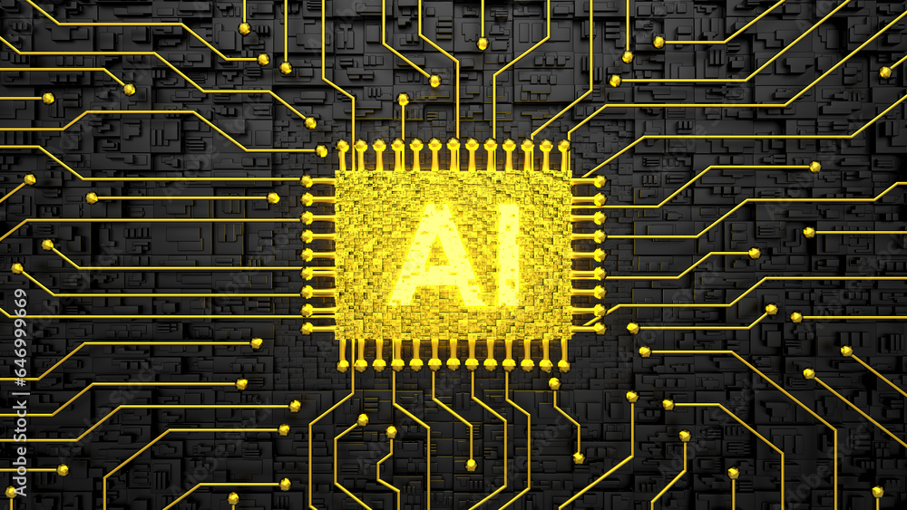 Golden Glowing Artificial intelligence chipset processor and circuits Futuristic artificial ...