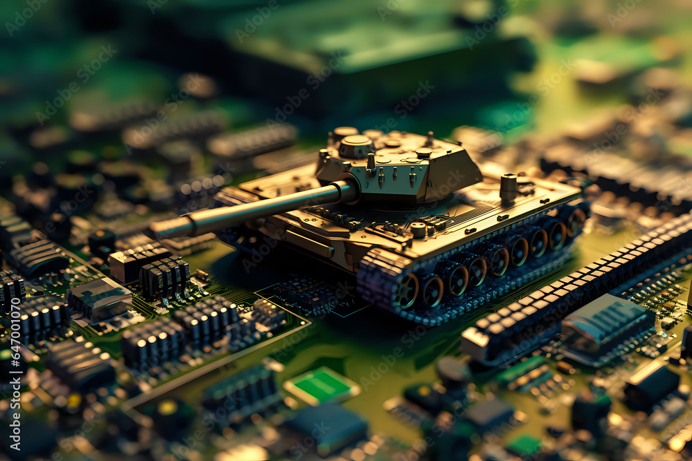 cyber defense, information warfare, a tank on a motherboard surrounded ...