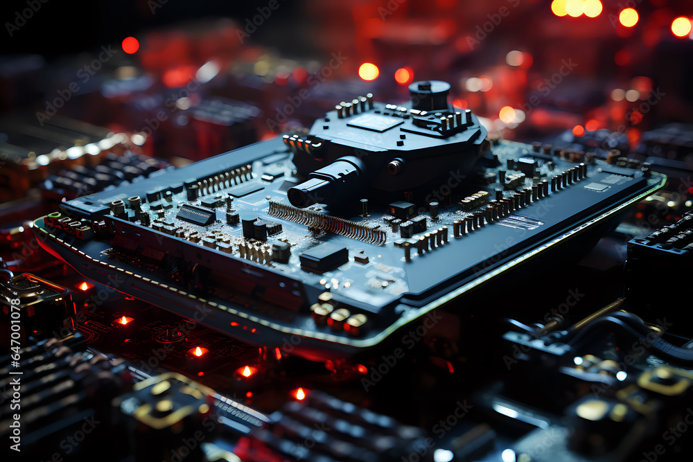 cyber defense, information warfare, a tank on a motherboard surrounded ...