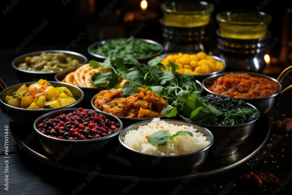 Ethnic Flavors. Plates of Indian, Mexican, and Middle Eastern dishes ...