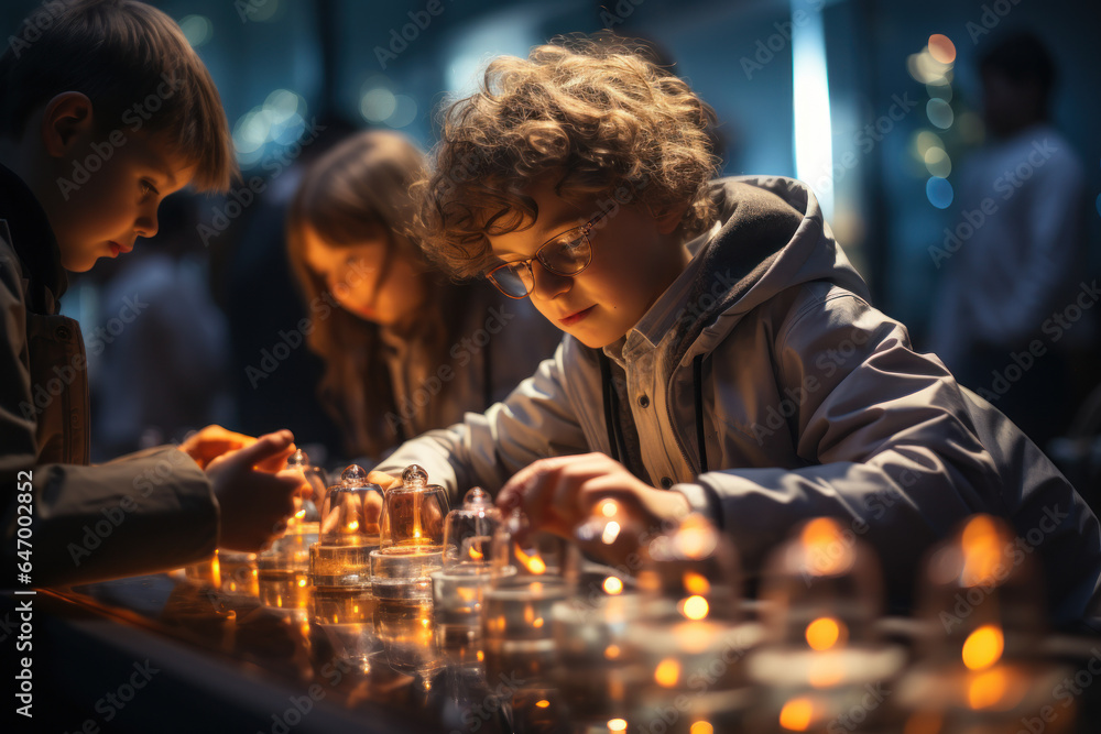 Curious young minds at work, children in lab coats and safety goggles ...