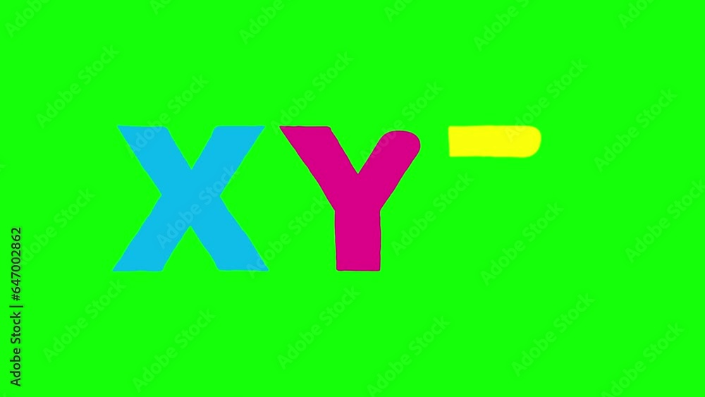 Xyz letters big forming cartoon animation CMY on green 255. Hand drawn ...