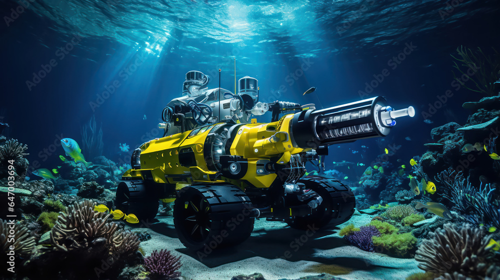 Underwater robotic vehicle collecting samples in a deep-sea environment ...