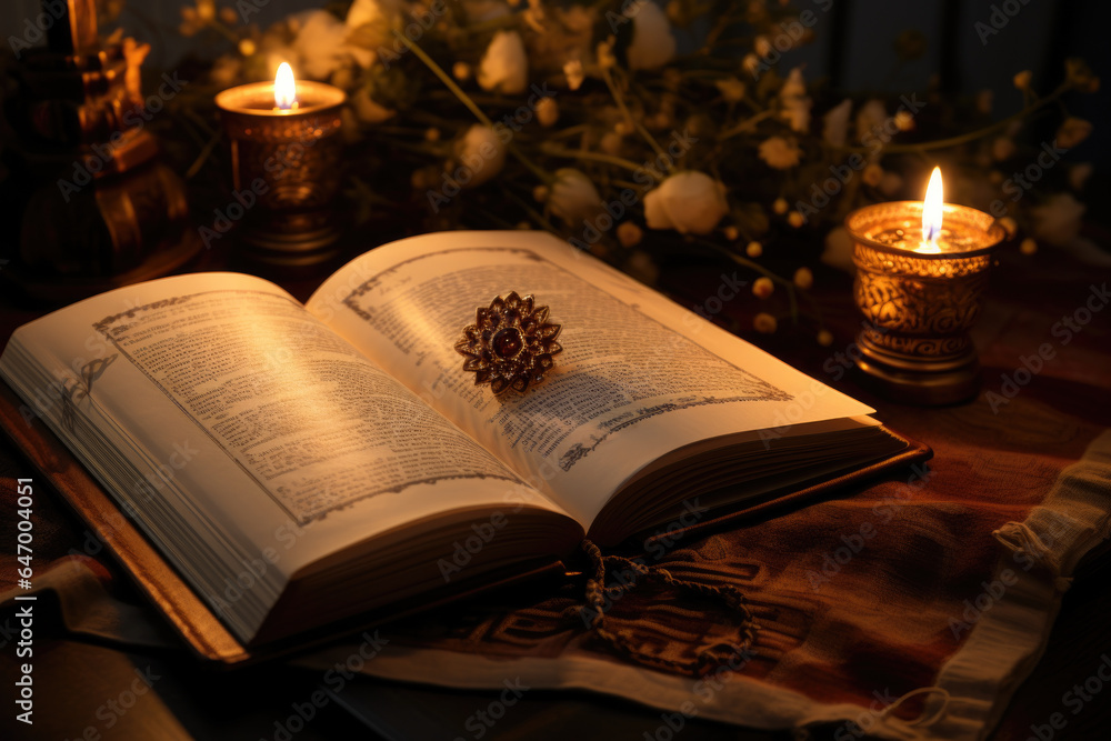 A close-up of a prayer book open to the special Rosh Hashanah prayers ...