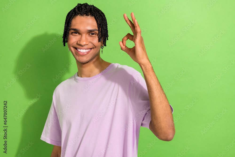 Portrait of funny cool young guy showing okay symbol recommending ...