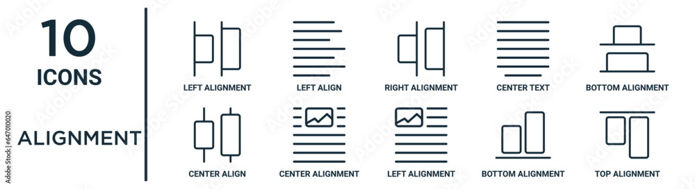 alignment outline icon set such as thin line left alignment, right alignment, bottom center ...