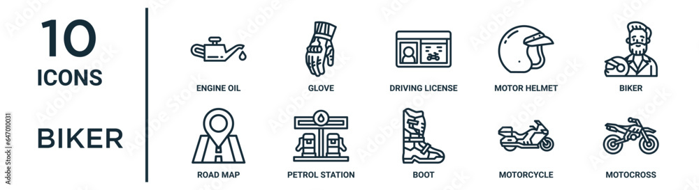 biker outline icon set such as thin line engine oil, driving license ...