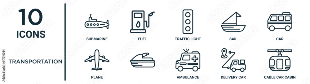 transportation outline icon set such as thin line submarine, traffic ...