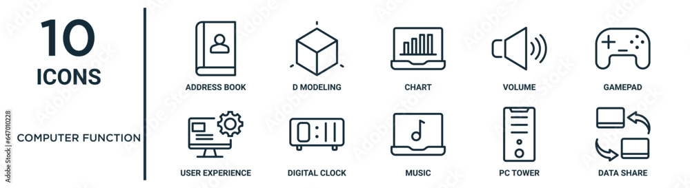 Vetor de computer function outline icon set such as thin line address ...
