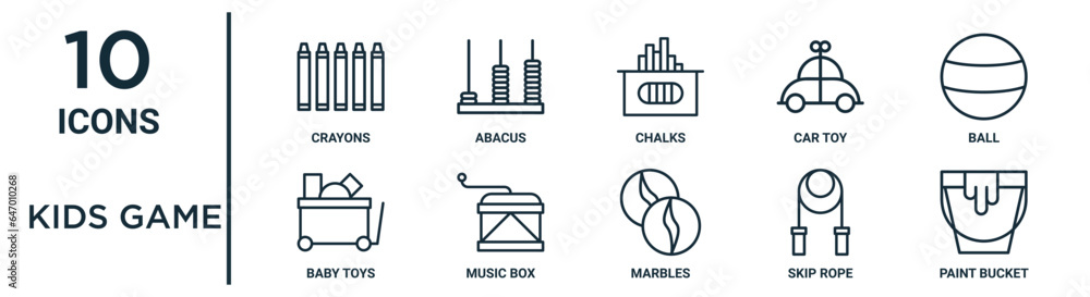 kids game outline icon set such as thin line crayons, chalks, ball ...