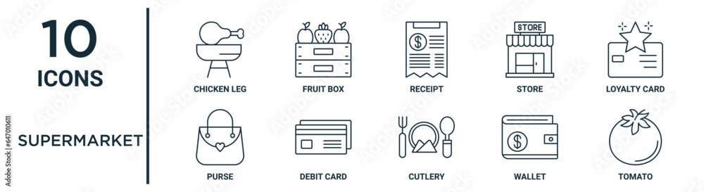 supermarket outline icon set such as thin line chicken leg, receipt ...