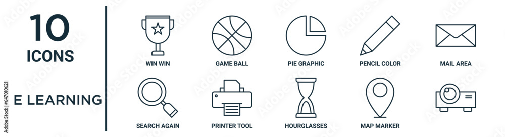Vetor de e learning outline icon set such as thin line win win, pie ...