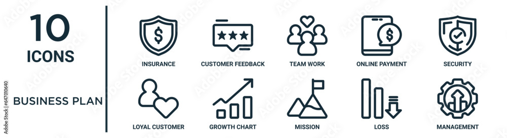 Vetor de business plan outline icon set such as thin line insurance ...