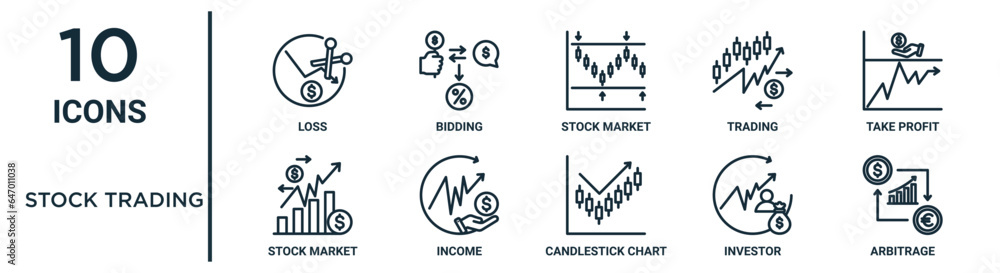 stock trading outline icon set such as thin line loss, stock market ...
