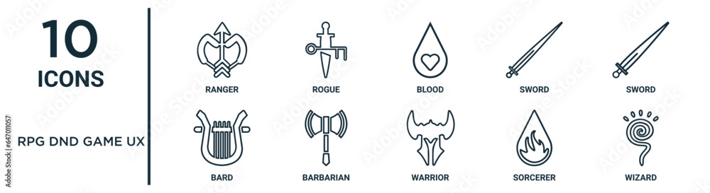 rpg dnd game ux outline icon set such as thin line ranger, blood, sword ...