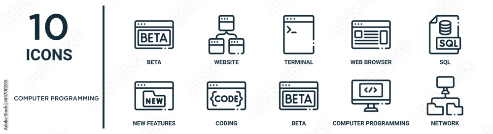 Computer Programming Outline Icon Set Such As Thin Line Beta Terminal Sql Coding Computer