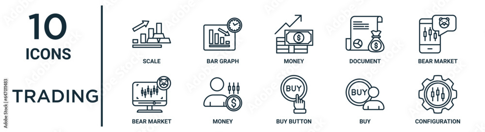 trading outline icon set such as thin line scale, money, bear market ...