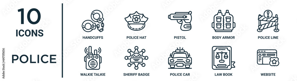 Vetor de police outline icon set such as thin line handcuffs, pistol ...