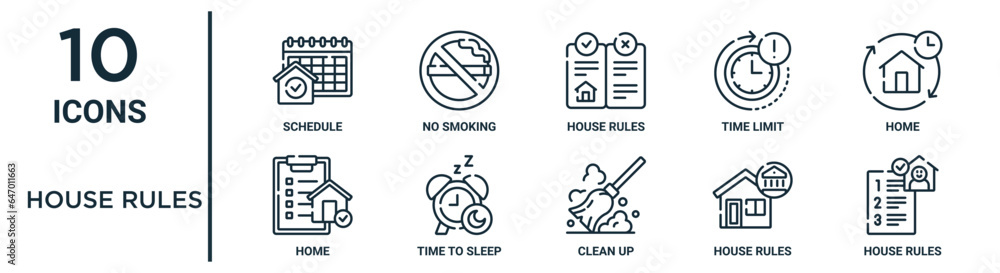 Vetor de house rules outline icon set such as thin line schedule, house ...