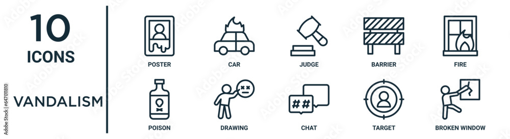 vandalism outline icon set such as thin line poster, judge, fire ...