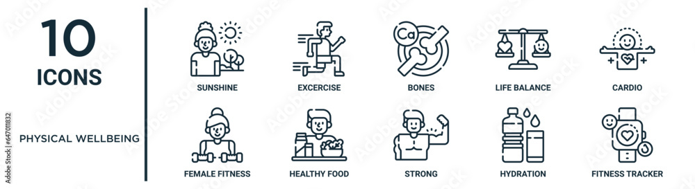 physical wellbeing outline icon set such as thin line sunshine, bones ...