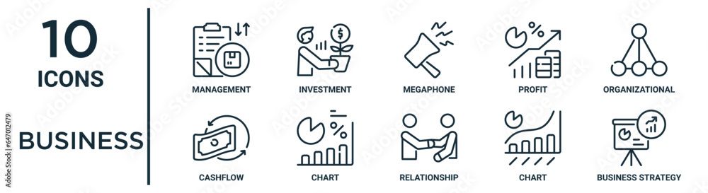 Vetor de business outline icon set such as thin line management, megaphone, organizational ...