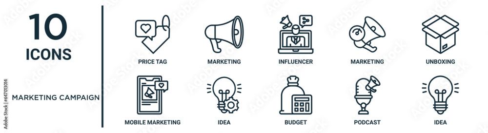 marketing campaign outline icon set such as thin line price tag ...