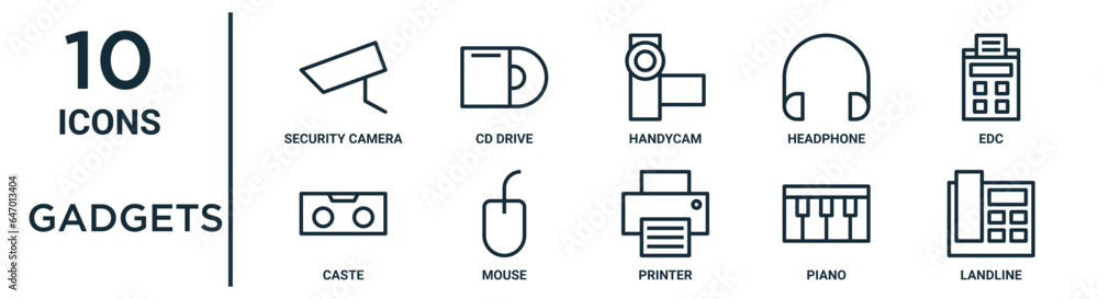 Vetor de gadgets outline icon set such as thin line security camera ...