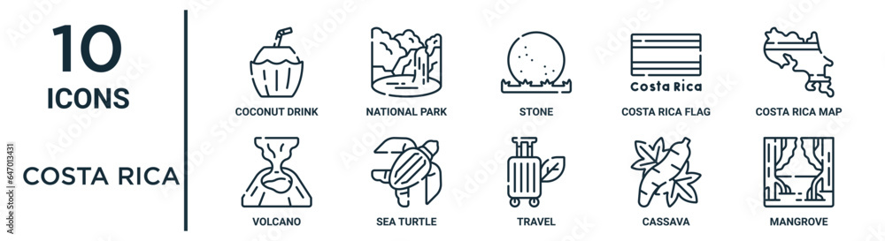 costa rica outline icon set such as thin line coconut drink, stone ...
