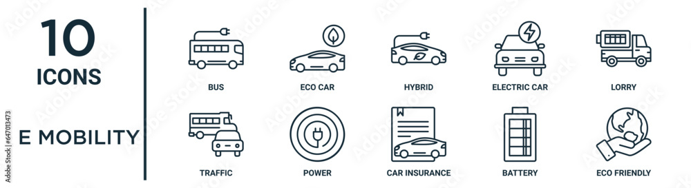 e mobility outline icon set such as thin line bus, hybrid, lorry, power ...
