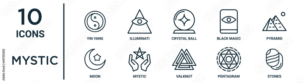 mystic outline icon set such as thin line yin yang, crystal ball ...