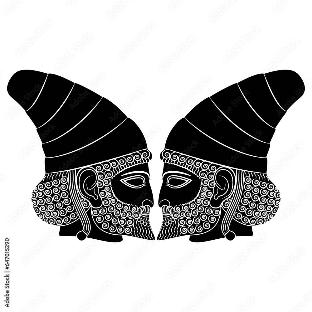 Symmetrical ethnic design with two heads in profile of ancient Persian ...