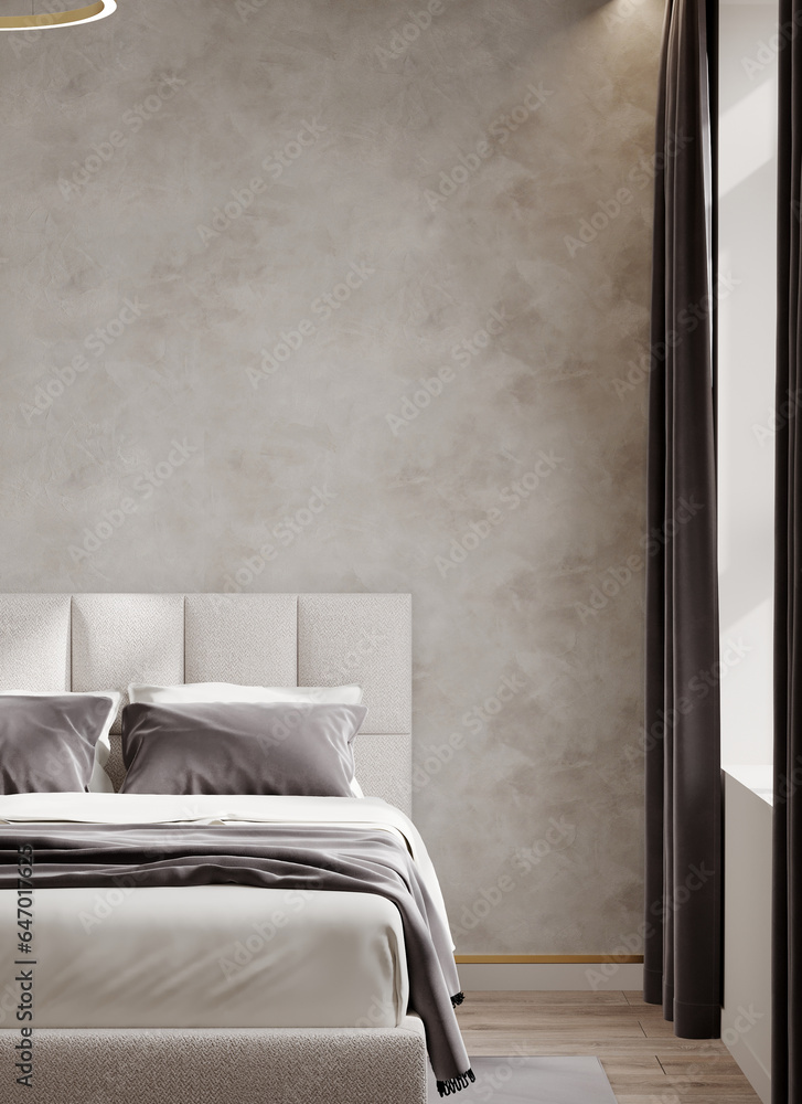 Modern black and beige bedroom of a hotel room with a large ivory bed ...