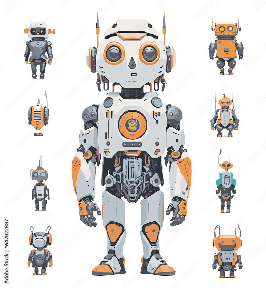 An isolated white and orange robot with a set of robotics icons of ...