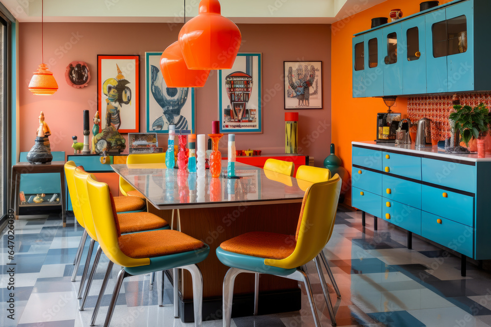 Step into the Groovy Past: A Vibrant Dining Room Interior in Retro ...