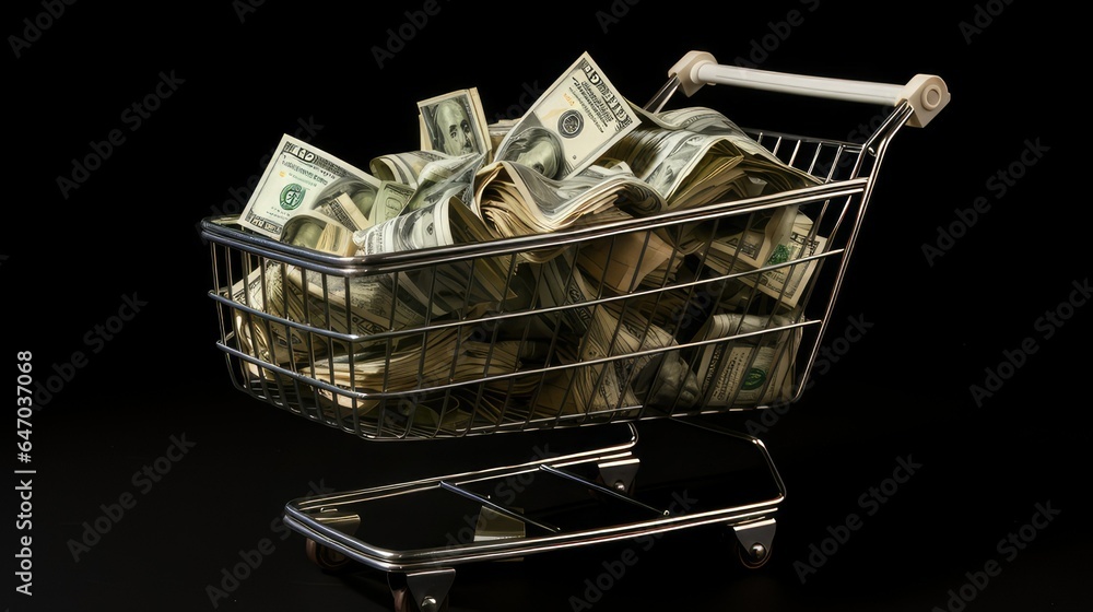Shopping trolley full of money currency. Symbolic example of spending ...