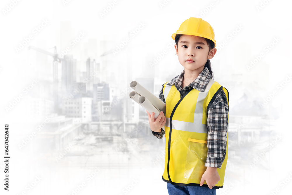 Happiness cute Asian young girl wearing yellow Engineer suit and holds ...