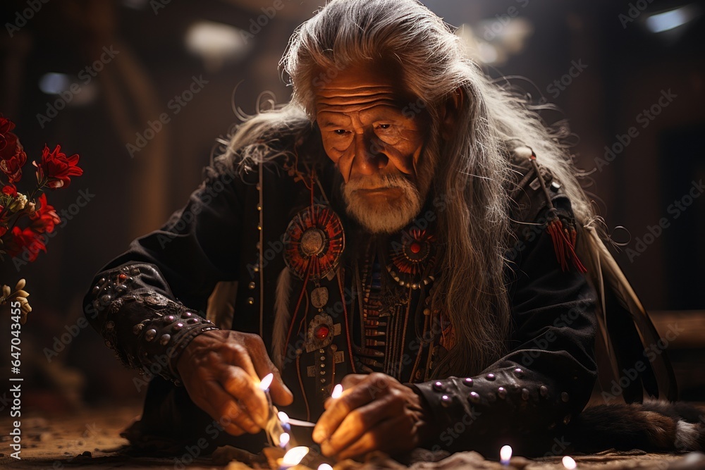 Tribal elder from the Navajo tribe performing a traditional blessing ...