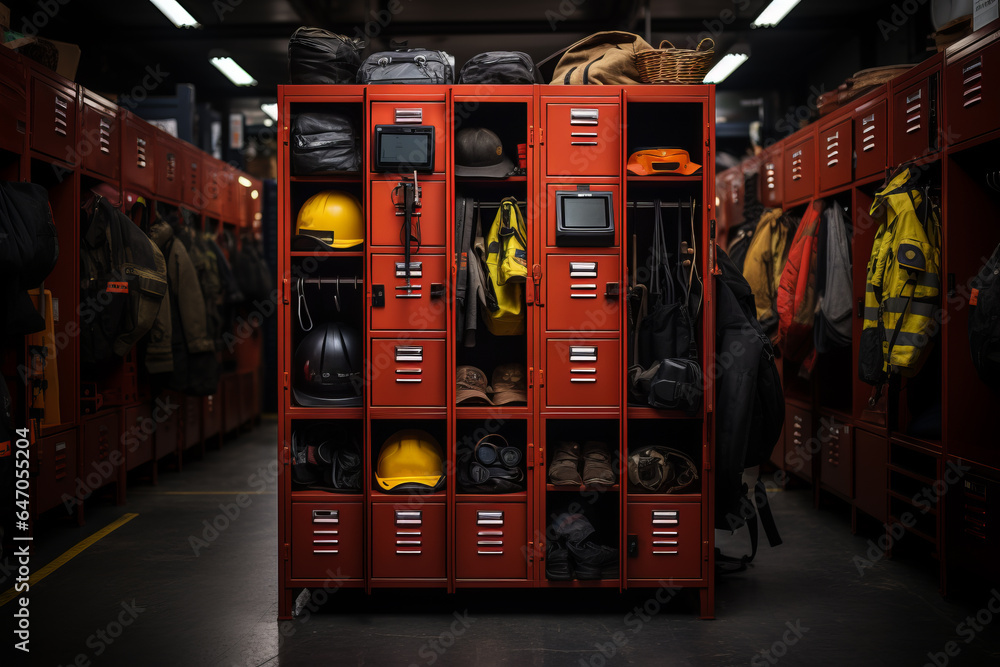 Locker in a fire station, housing firefighting gear and uniforms ...