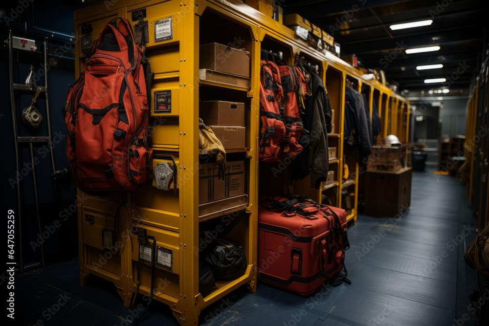Locker in a fire station, housing firefighting gear and uniforms ...