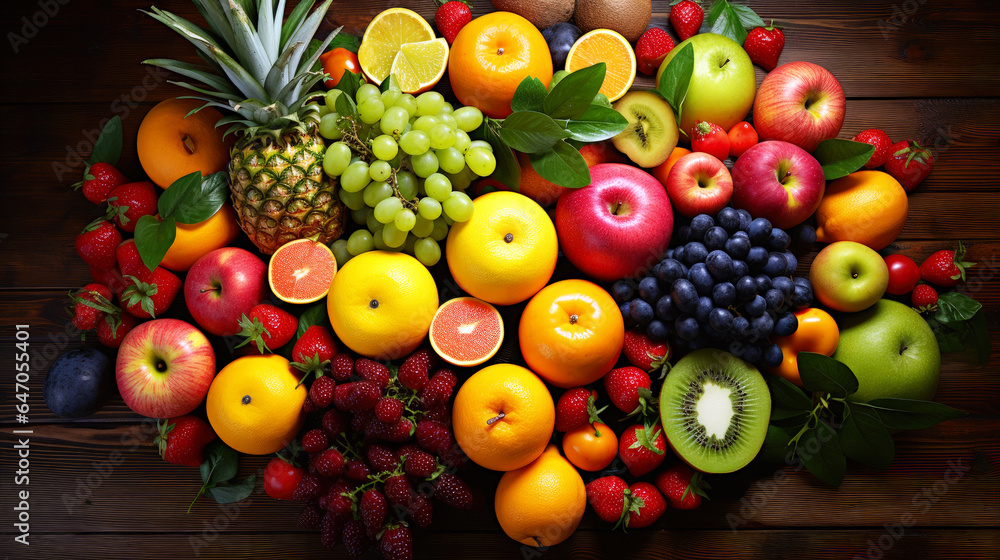 4k fruits on a wooden tabletop in a kitchen. apple, orange, pineapple ...