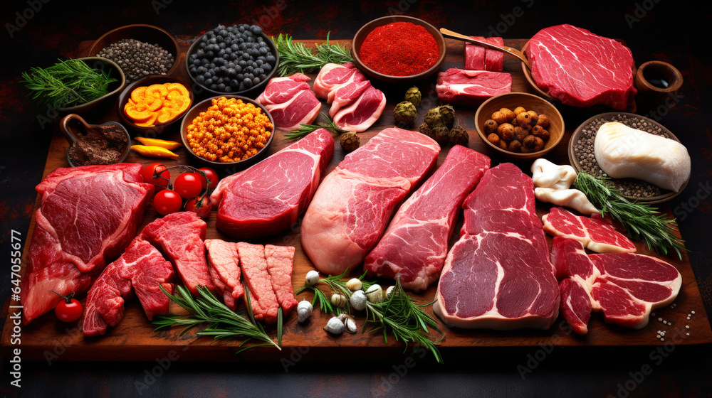 4K types of meat for cooking on a wooden tabletop in a kitchen ...