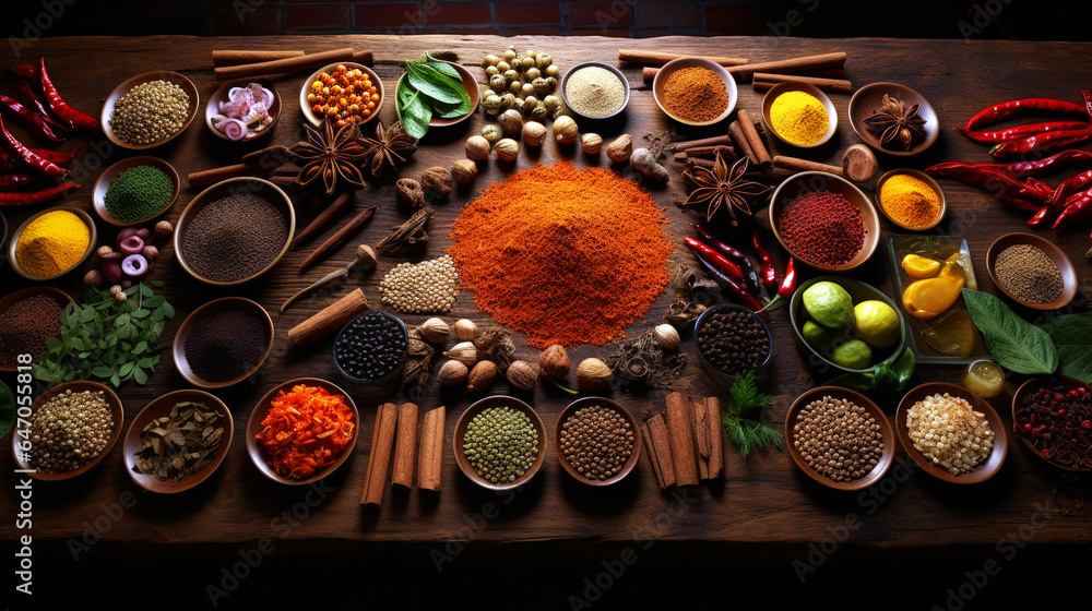 4K types of spices for cooking on a wooden tabletop covering all the ...