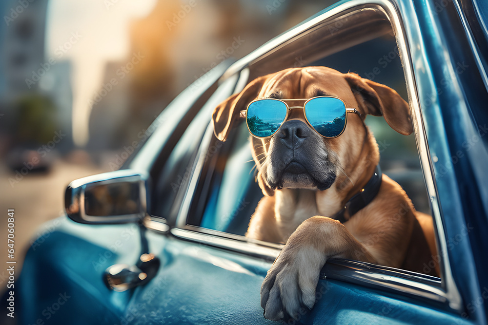 the excitement of a dog traveling in the back seat of a car. Its head ...