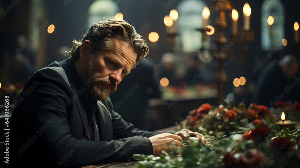 Sad man on coffin saying goodbye at funeral ceremony. Stock Photo ...
