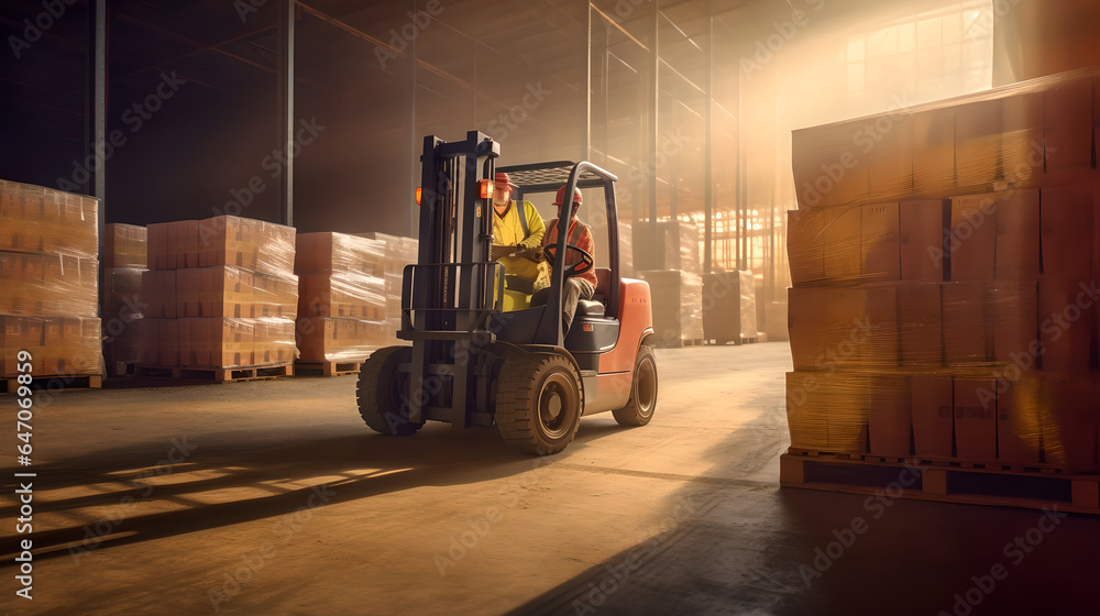Man driving a forklift transporting cardboard boxes, male warehouse ... Man driving a forklift transporting cardboard boxes, male warehouse ...