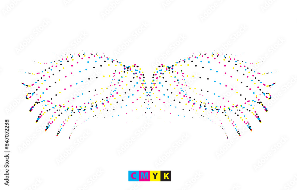 cmyk bird's wings set, cmyk halftone dot effect vector design on white ...