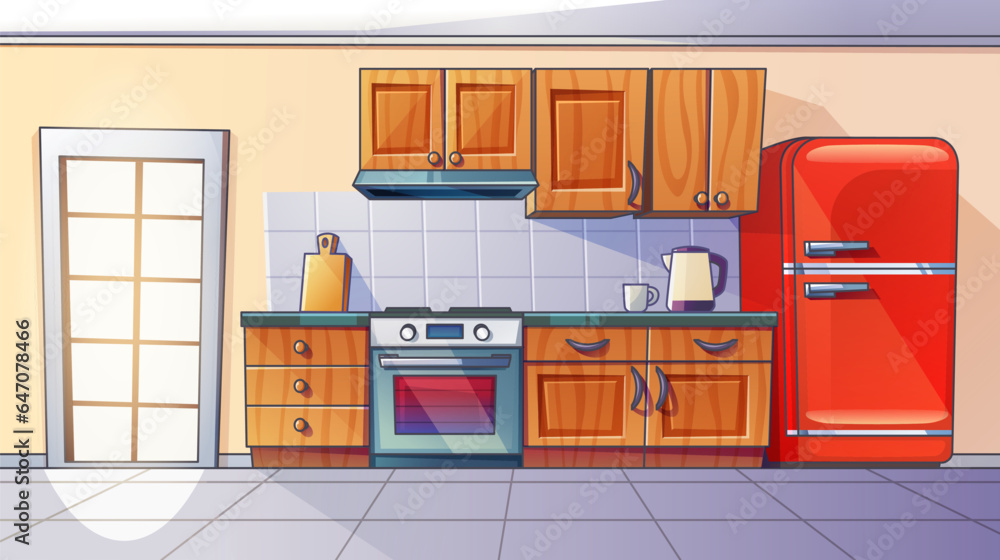 Cartoon kitchen room interior at home with fridge vector background ...